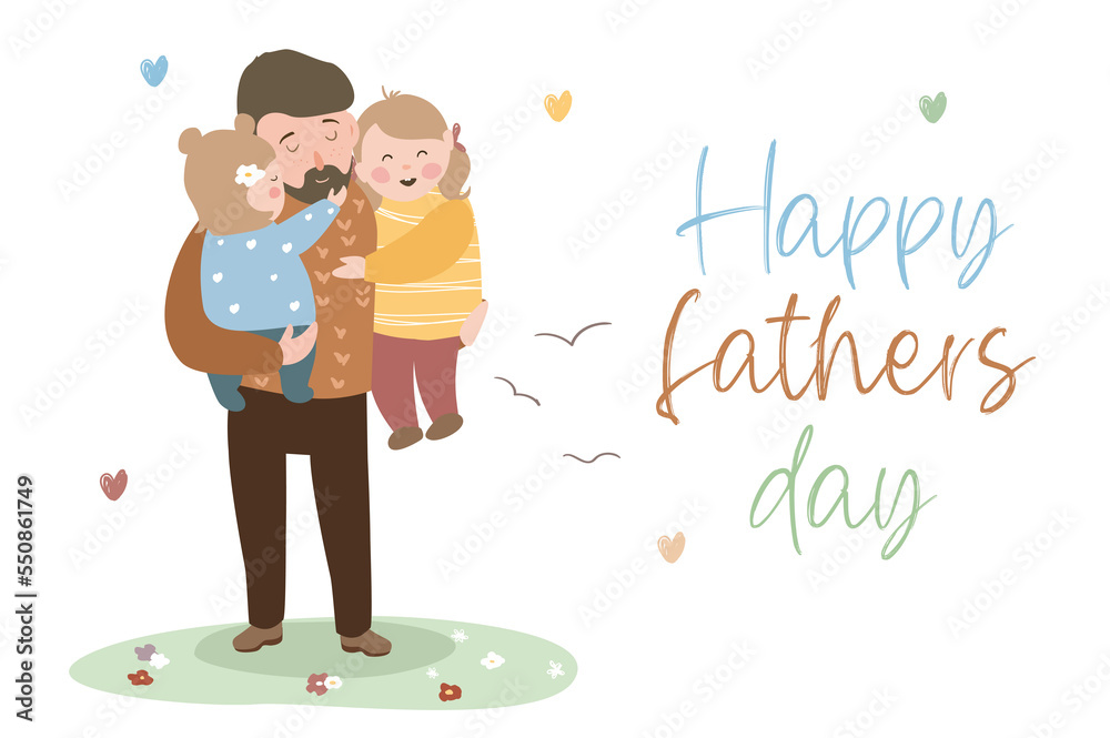 Happy Father's day concept background. Cute dad hugs his daughters and ...