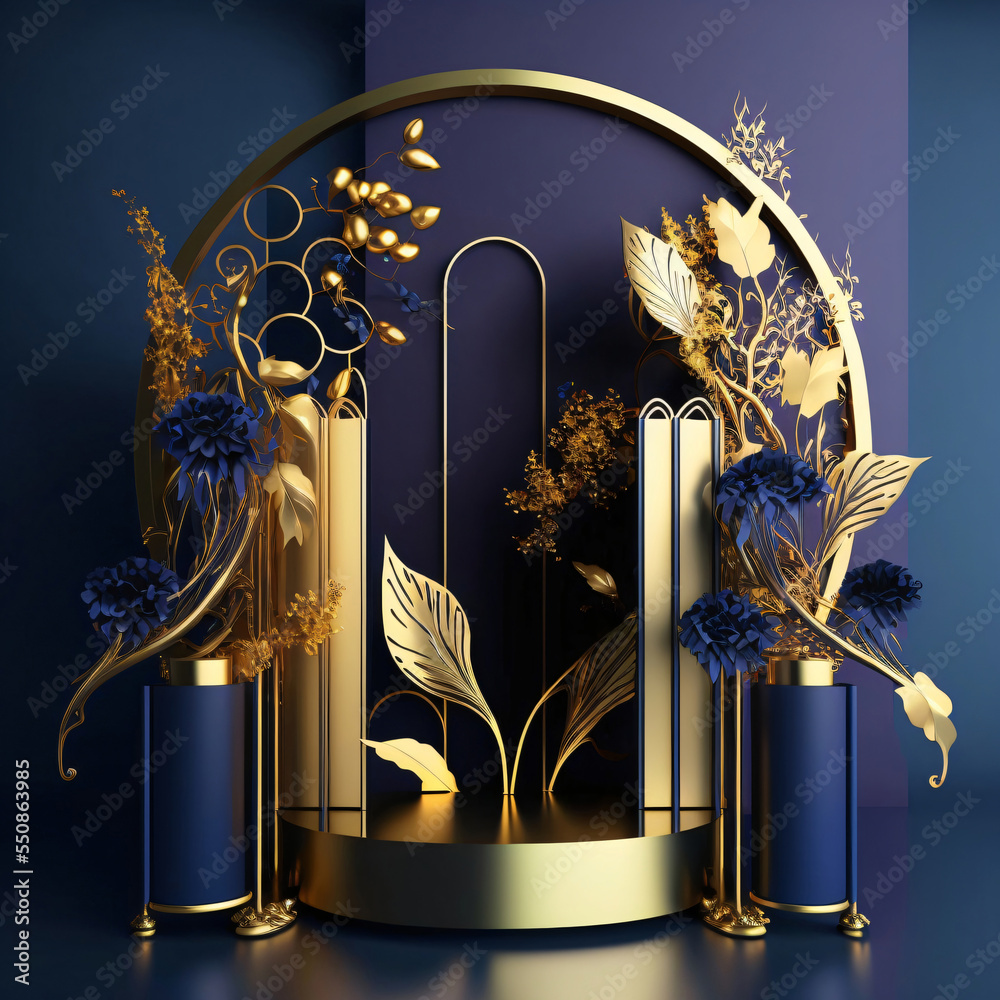 elegant showroom background with a golden podium platform and retro ...