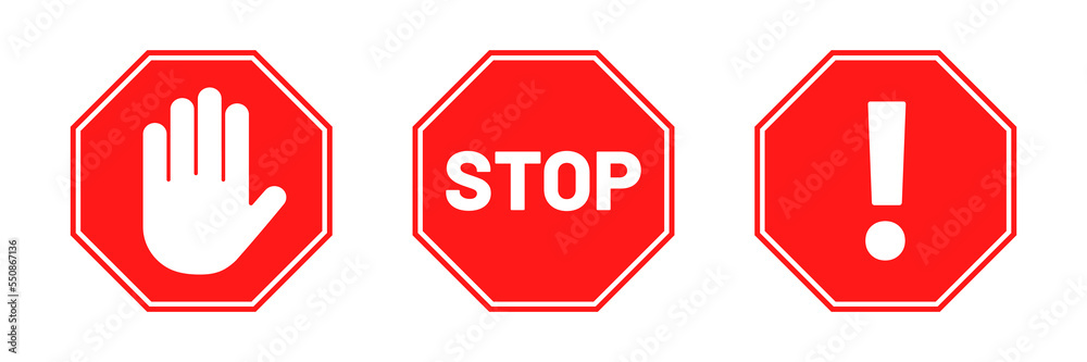 Stop signs collection. Red stop signs in octagon shape. Traffic warning ...