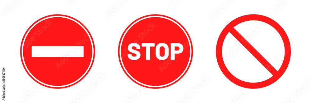 Stop signs collection. Red stop signs in round shape. Traffic warning ...
