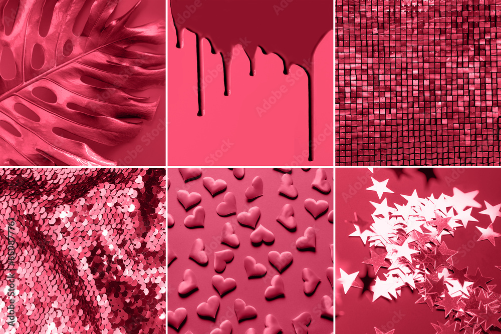 Collage of different texture and objects in Viva Magenta color as ...