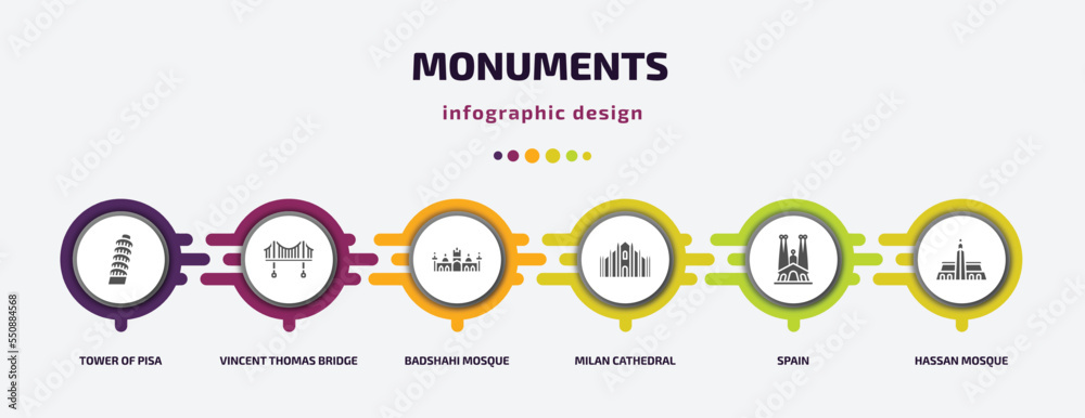 monuments infographic element with filled icons and 6 step or option ...