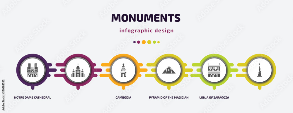 monuments infographic element with filled icons and 6 step or option ...