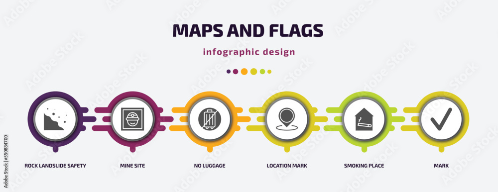 maps and flags infographic element with filled icons and 6 step or ...