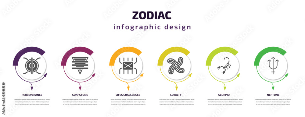 zodiac infographic element with filled icons and 6 step or option ...