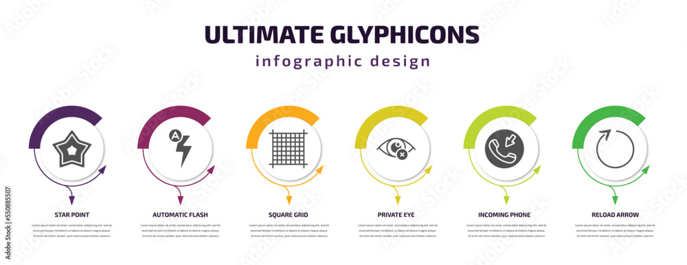 ultimate glyphicons infographic element with filled icons and 6 step or option. ultimate ...