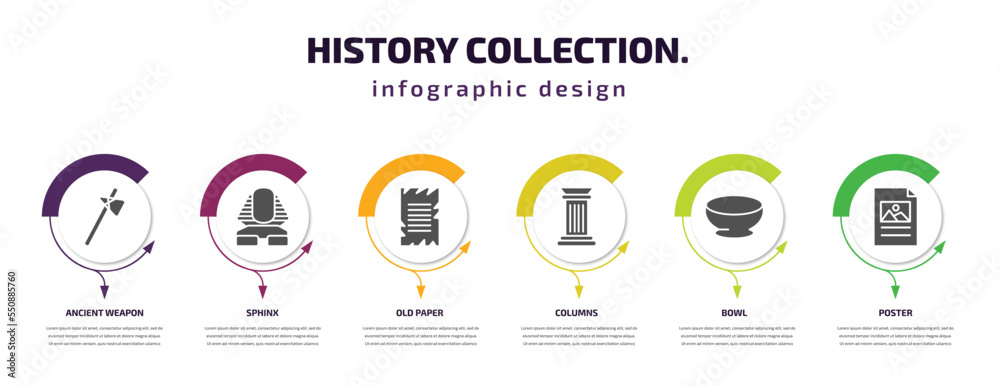 history collection. infographic element with filled icons and 6 step or ...