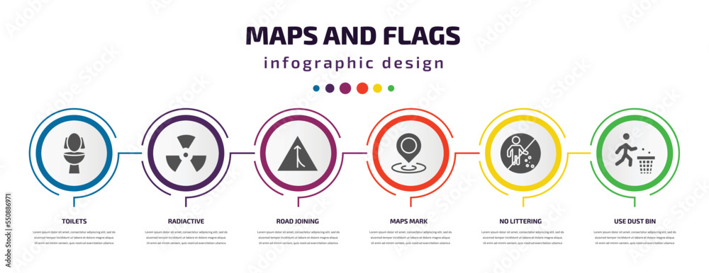 maps and flags infographic element with filled icons and 6 step or ...
