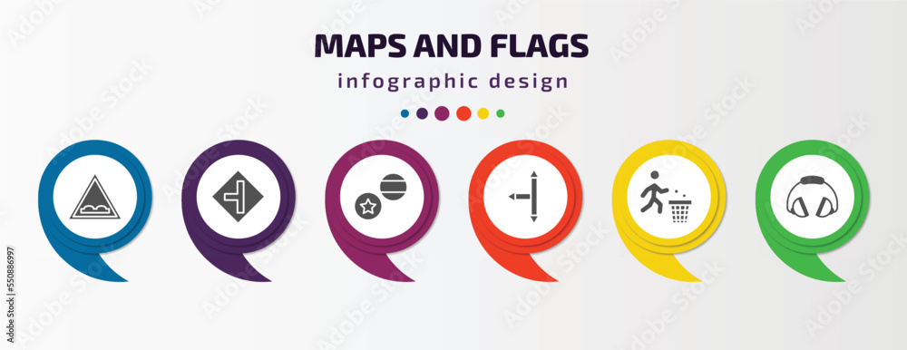 maps and flags infographic element with filled icons and 6 step or ...