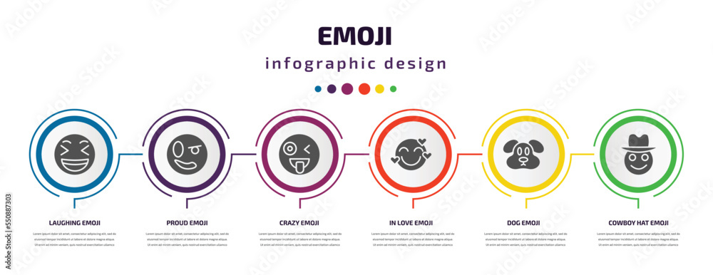 emoji infographic element with filled icons and 6 step or option. emoji ...