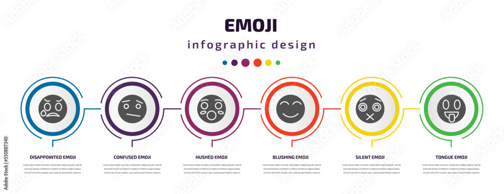 emoji infographic element with filled icons and 6 step or option. emoji ...