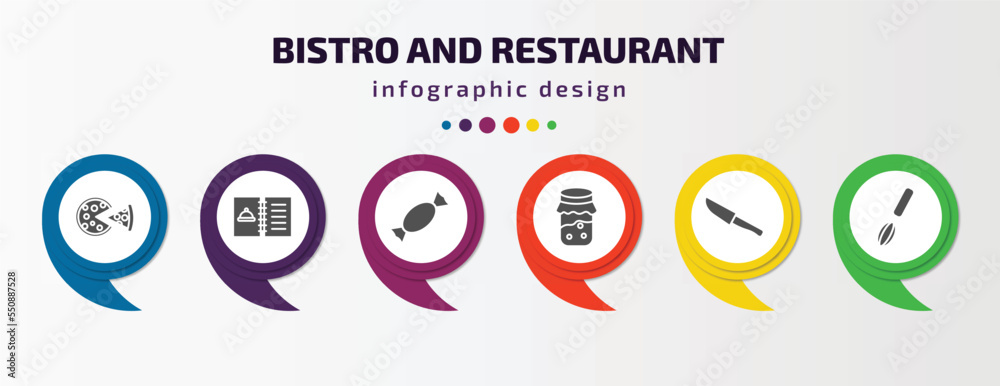 bistro and restaurant infographic element with filled icons and 6 step ...