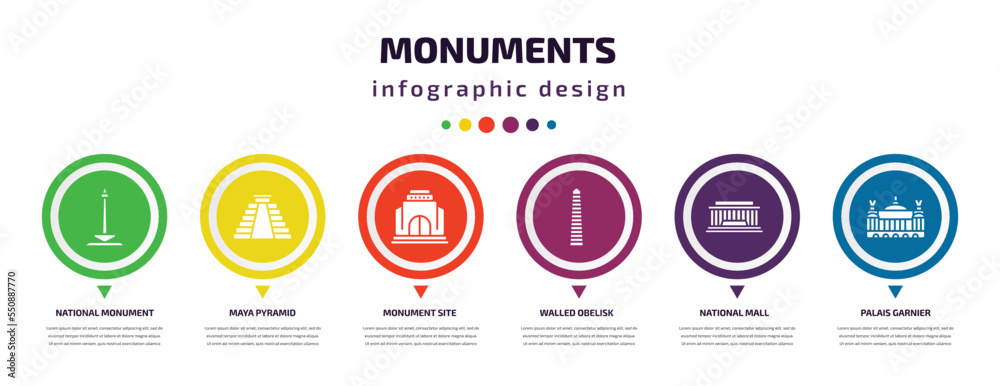 monuments infographic element with filled icons and 6 step or option ...