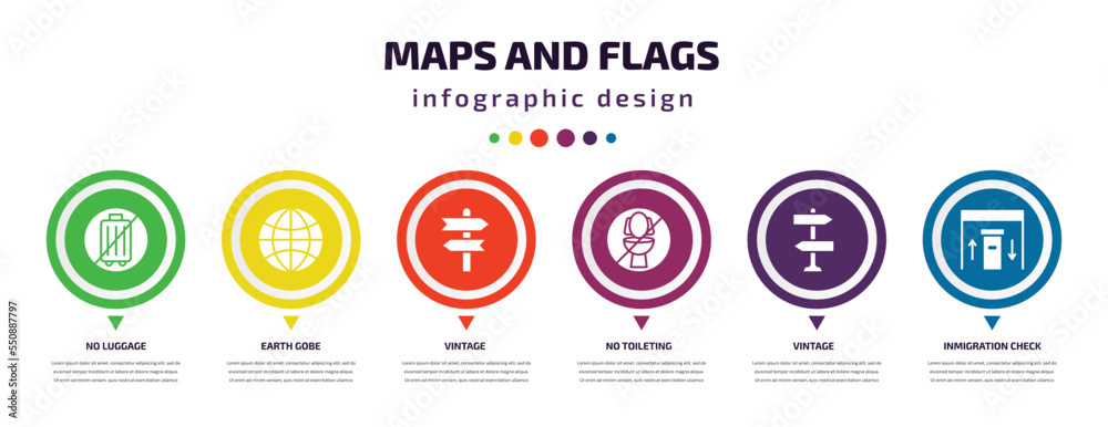 maps and flags infographic element with filled icons and 6 step or ...