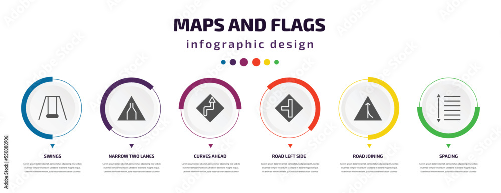 maps and flags infographic element with filled icons and 6 step or ...