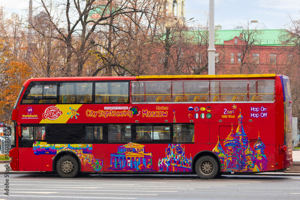 Moscow, Russia - 13 November, 2022: Red double-decker tourist city bus ...
