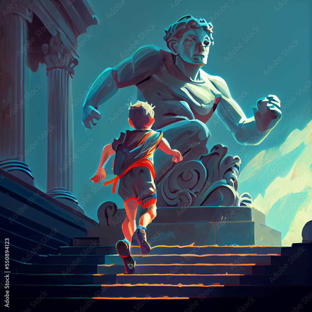 Adventure boy running on steps to the giant statue, digital art style ...