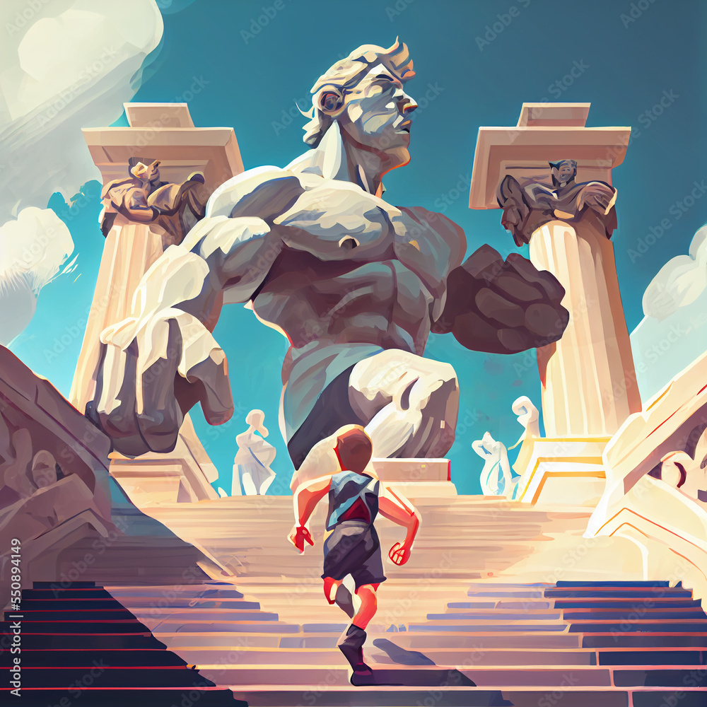 Adventure boy running on steps to the giant statue, digital art style ...