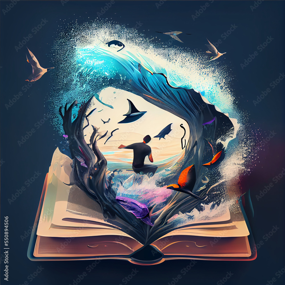 Open magic book with surfer, birds and fishes coming out, digital art ...