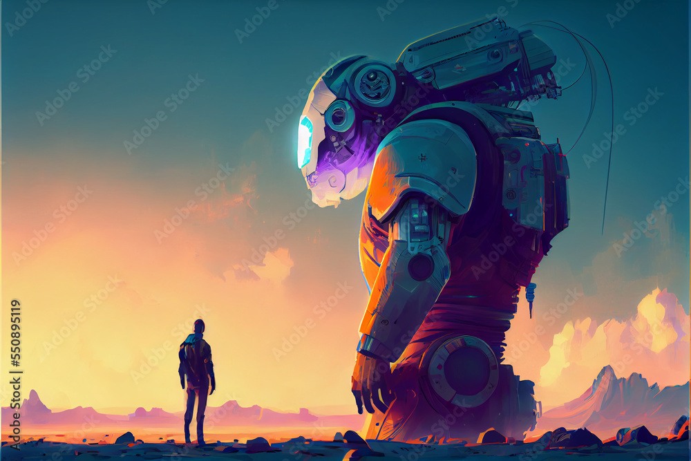 The astronaut looking at futuristic giant, digital art style ...