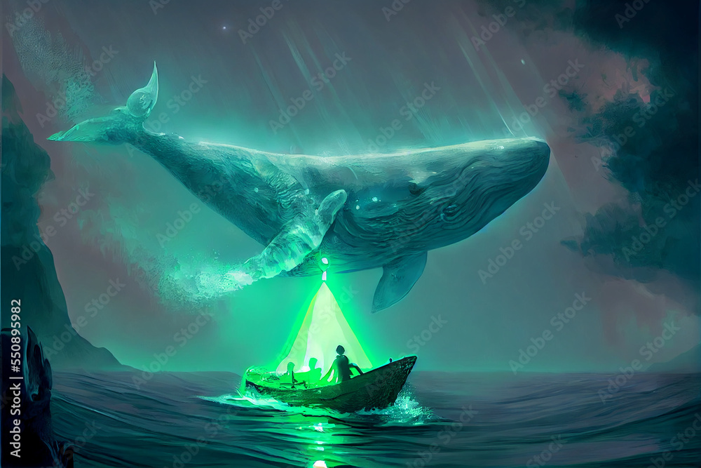 Fantasy scenery of man on boat looking at the jumping glowing green ...