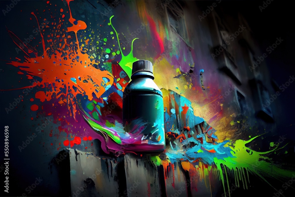 colourful graffiti art scene of splashing color and a spray can in ...