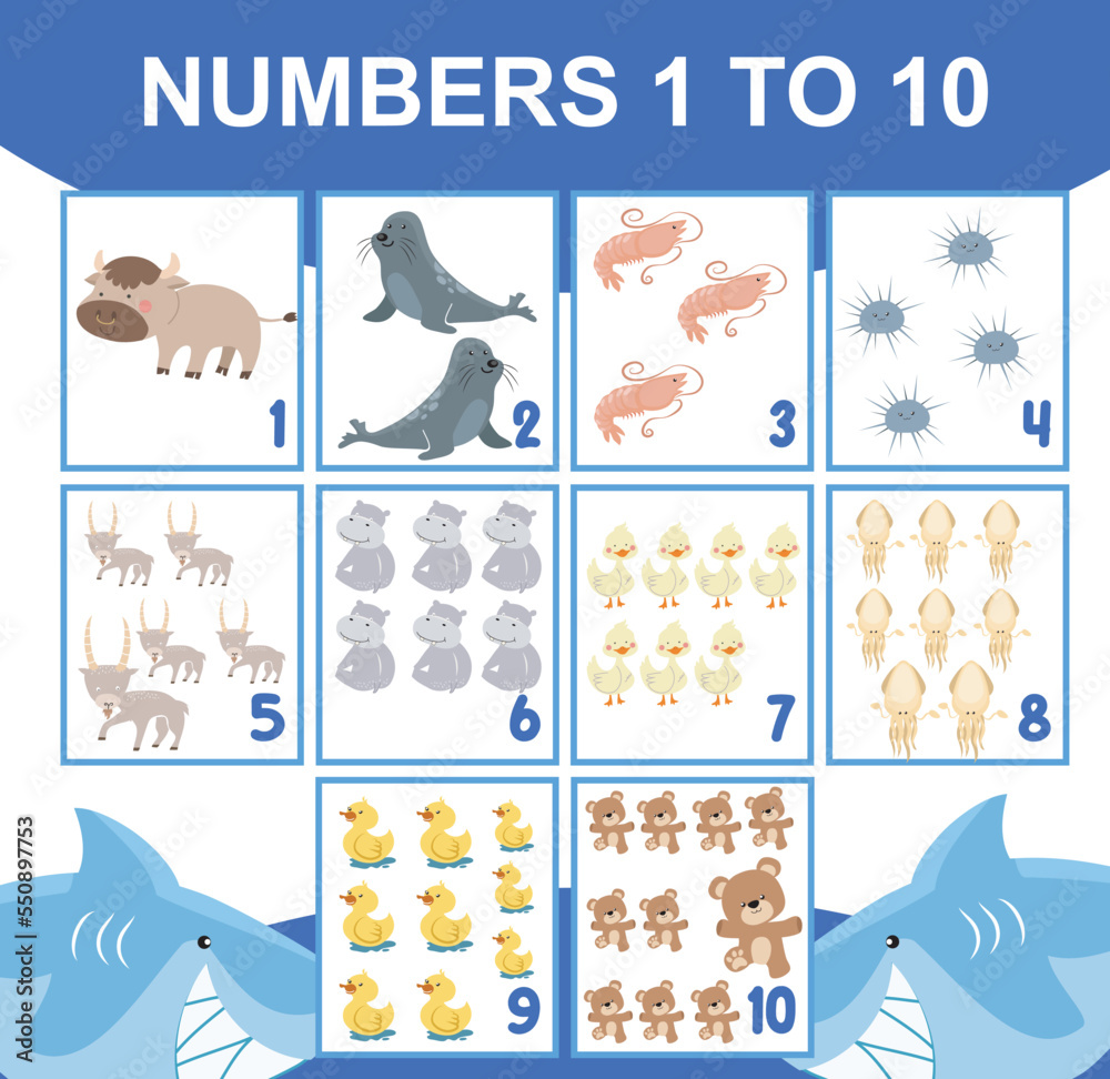 Learning numbers 1 to ten. Educational sheet for preschool. Vector ...