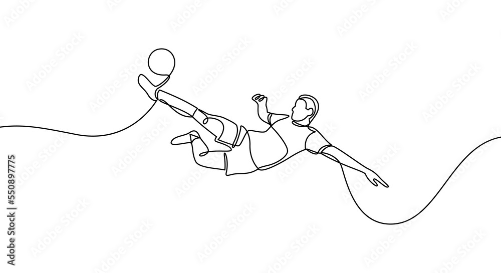 The football player kicks the ball. Continuous line drawing. Minimalist ...