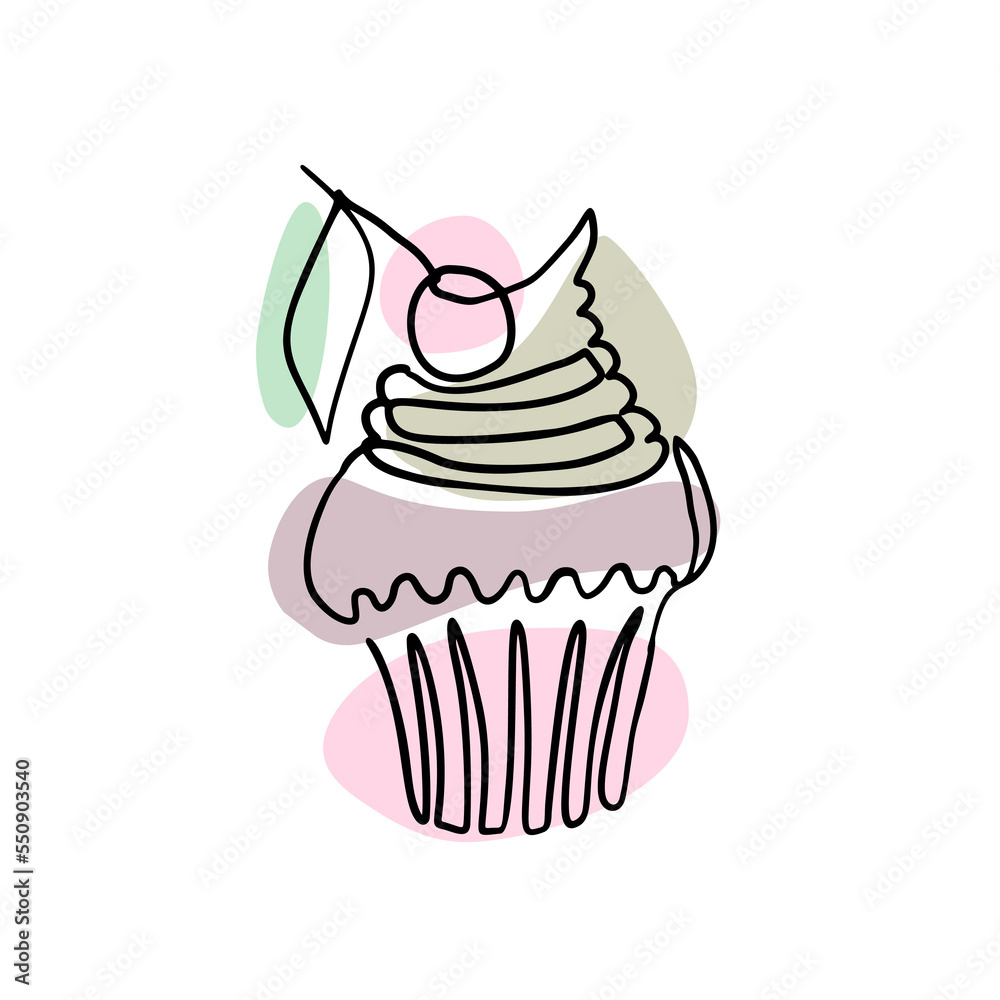 Single line drawing of cupcake with cherry on top. Inky black outline ...