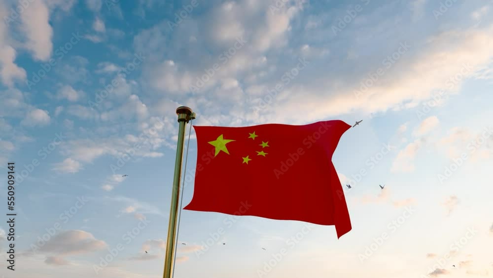 Flag of China waving in the wind, sky and sun background. China Flag ...