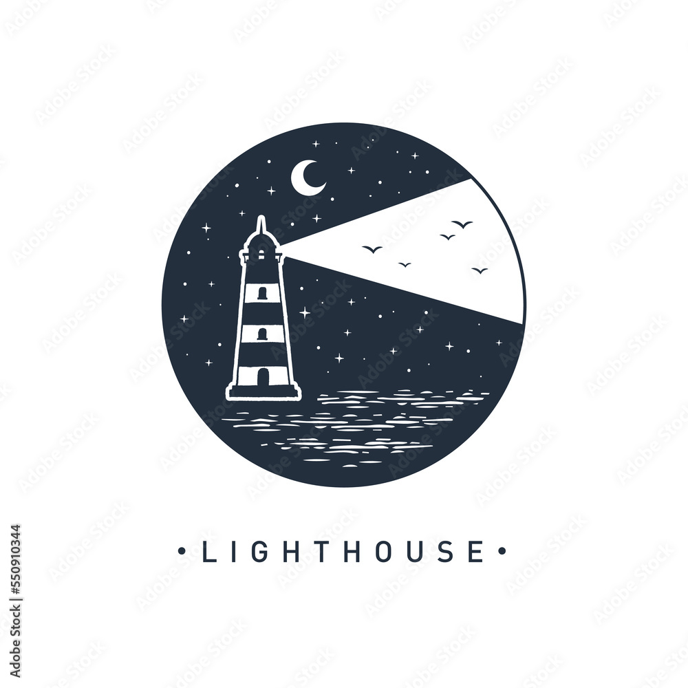 Hand drawn lighthouse at night textured vector illustration. A circle ...