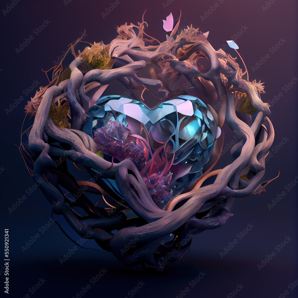 Gemstones surrounded by a heart of intertwined, tangled roots and ...