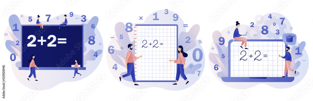 Mathematic class. Tiny people learning math. Arithmetic symbols ...