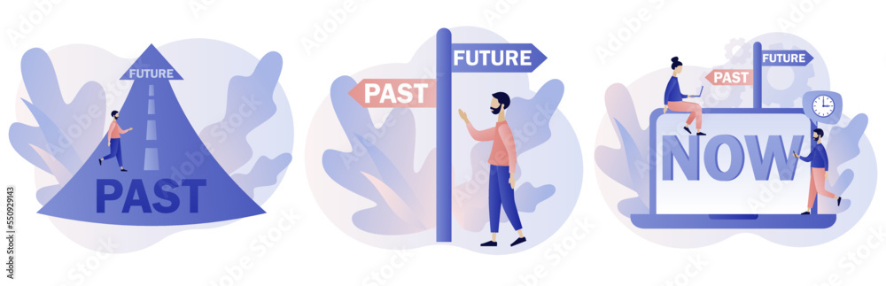 Past and future concept. Tiny people choice between past and future ...