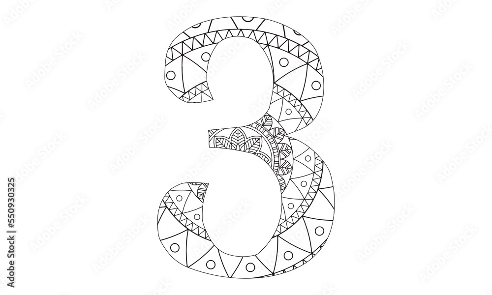 Hand drawn of number three in zentangle style.Hand drawn sketch font ...