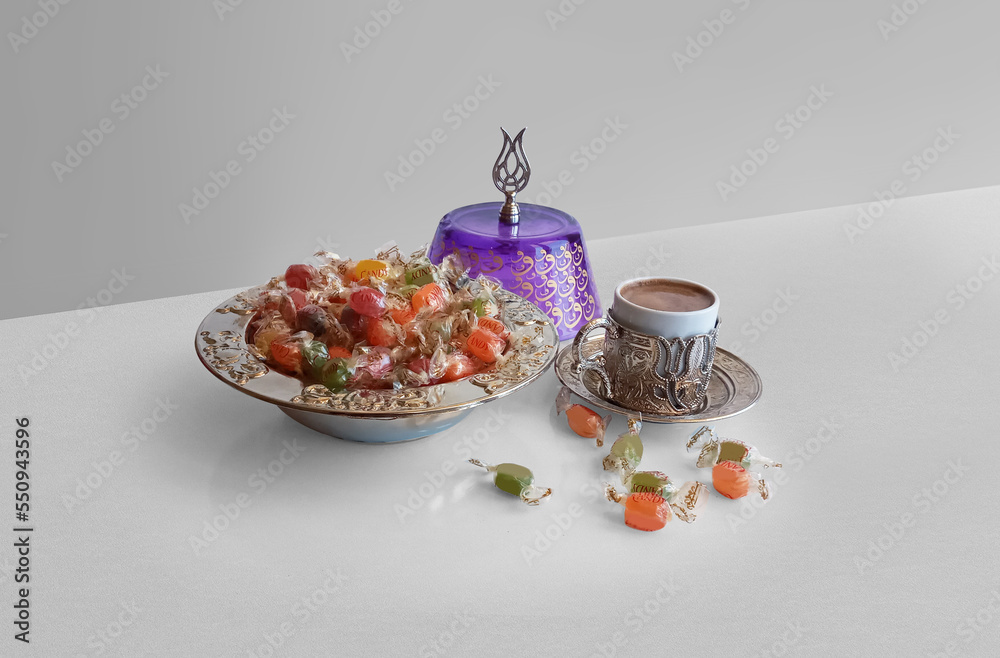 Happy Ramadan. Turkish holiday ramadan candy.Turkish coffee. (Turkish ...