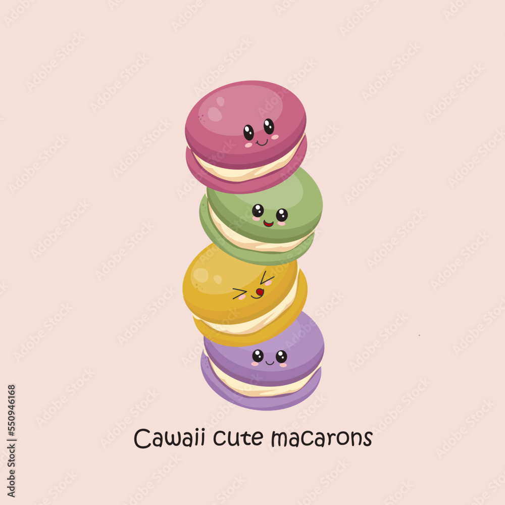 Cute and funny colourful four kawaii macaron characters on a peach ...