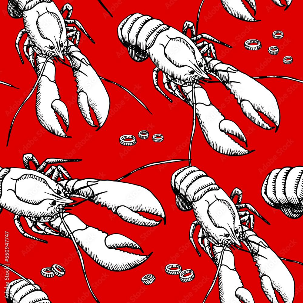 Seamless background with graphic pattern of lobsters. Lobsters on a red ...