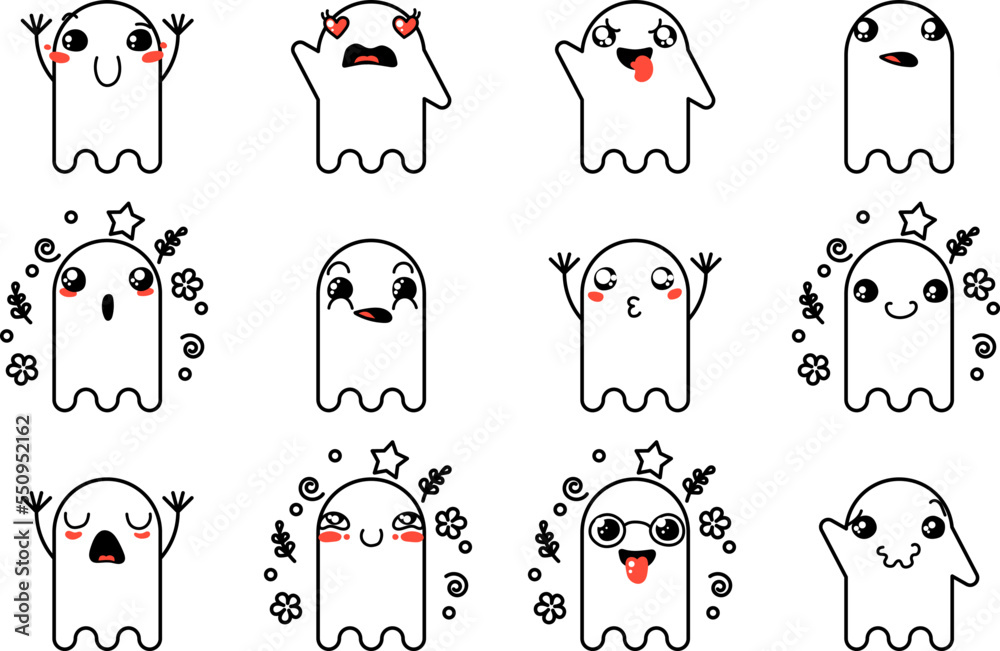 Set of Various Cartoon Ghosts with Emoticons. Doodle ghouls, eyes and ...