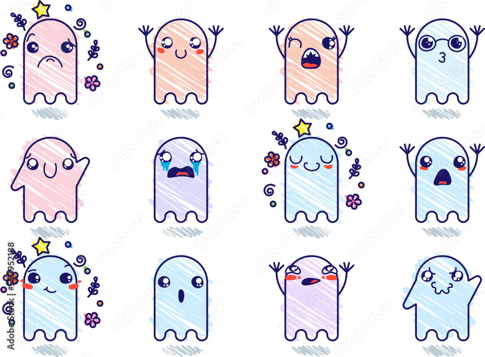 Set of Various Cartoon Ghosts with Emoticons. Doodle ghouls, eyes and ...