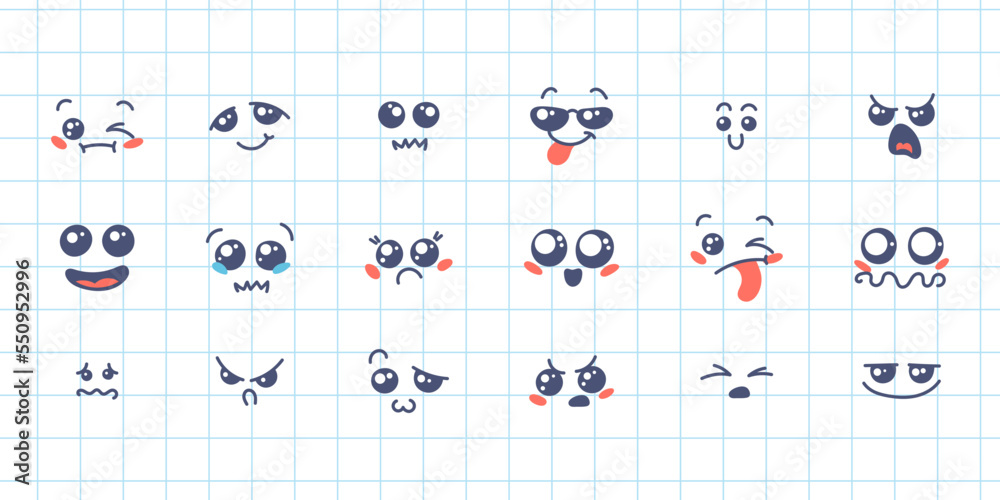Various Cartoon Emoticons Set. Doodle faces, eyes and mouth. Caricature ...