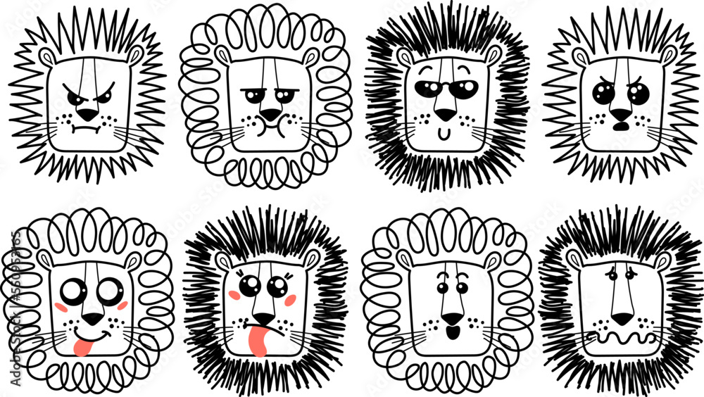 Isolated doodle cute Lion emoticons. Cute set of vector animals with ...