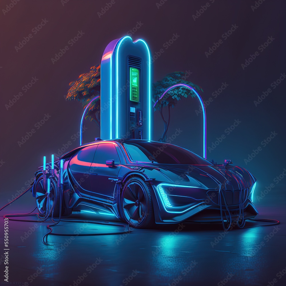 A futuristic neon electric car is being charged from a power plant ...