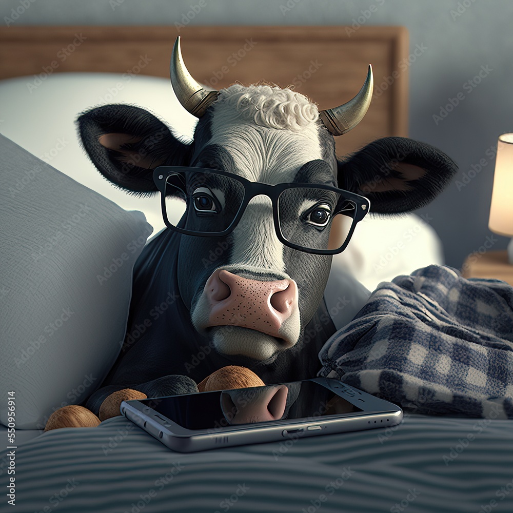 cartoon illustration of a cow in bed with a phone on the blanket Stock ...