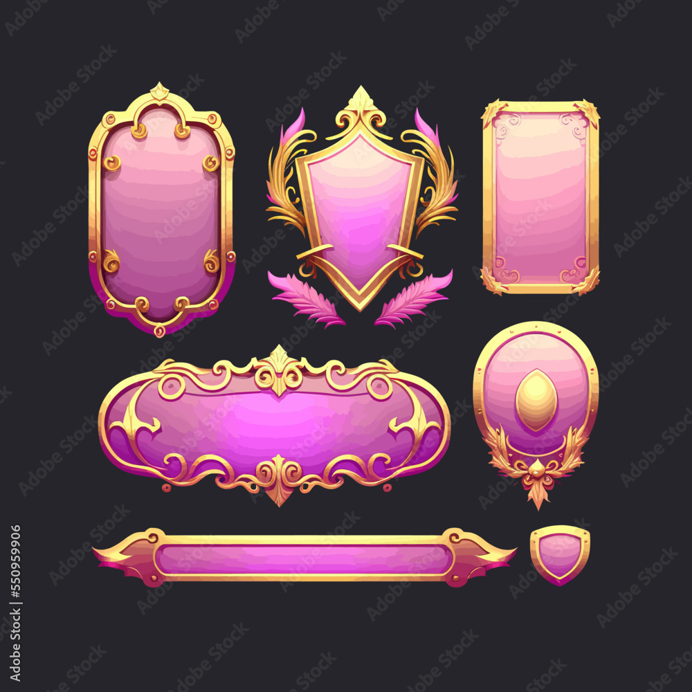 Pink medieval game buttons, user interface menu elements. A beautiful fantastic children's play ...