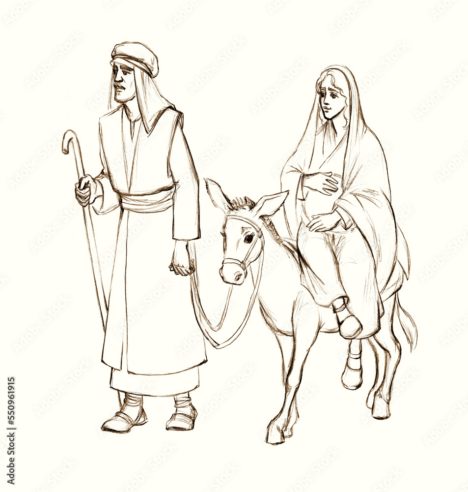Pencil drawing. Joseph and Mary go to Bethlehem Stock Illustration ...