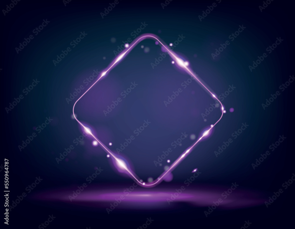 Neon rounded square frame with glowing effects and sparkles on dark ...