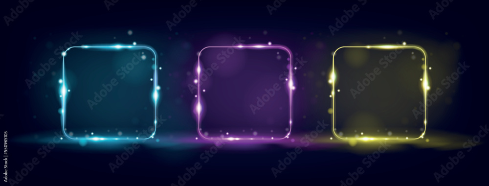 Neon rounded square frame with glowing effects and sparkles on dark ...