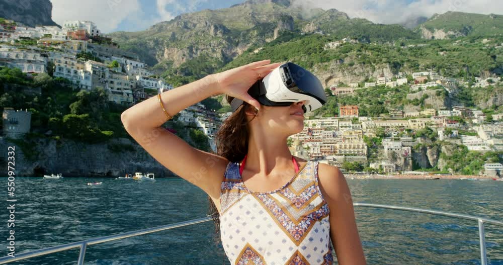 Video Stock VR, woman and boat for summer, vacation and travel in Italy ...