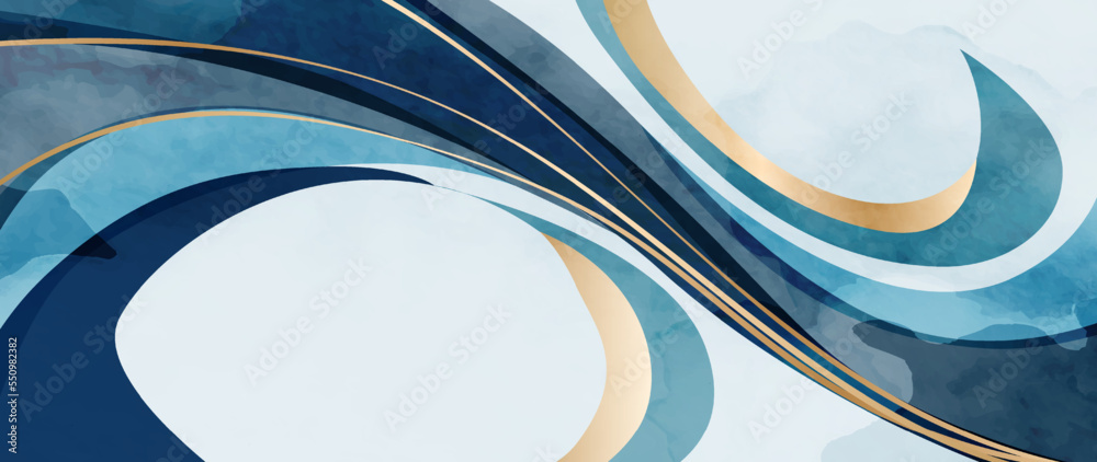 Abstract art background with flowing waves pattern in blue and gold ...